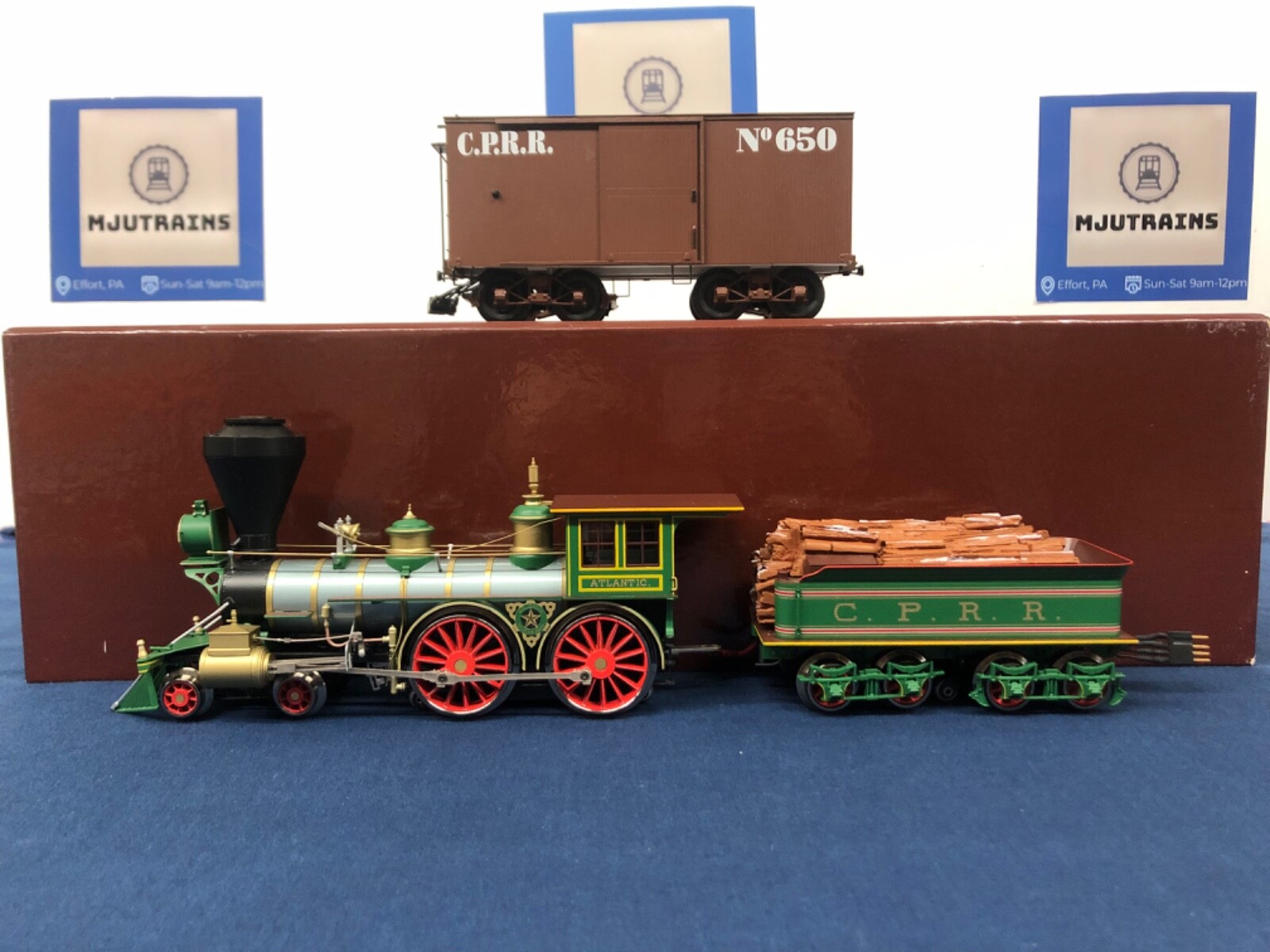 SMR Trains Brass C.P.R.R Atlantic (1864) 4-4-0 Steam Engine & Box Car w ...