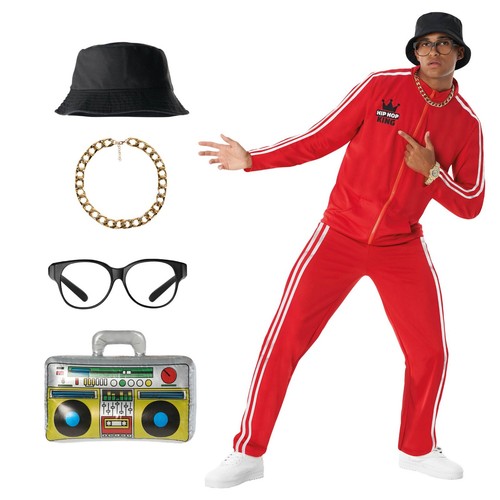 Men`s 1980s Red Rapper Costume + Boombox Adult 90s Hip Hop Tracksuit ...
