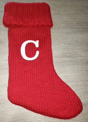 19 inch NEW NWOT red knit CHRISTMAS STOCKING initial C in white LINED ...