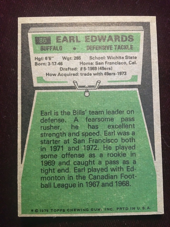 1975 Topps Bills Earl Edwards Football Card #86 | eBay