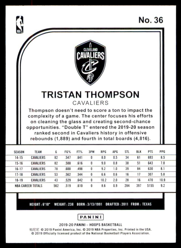 2019-20 Hoops Tristan Thompson Cleveland Cavaliers #36 | eBay