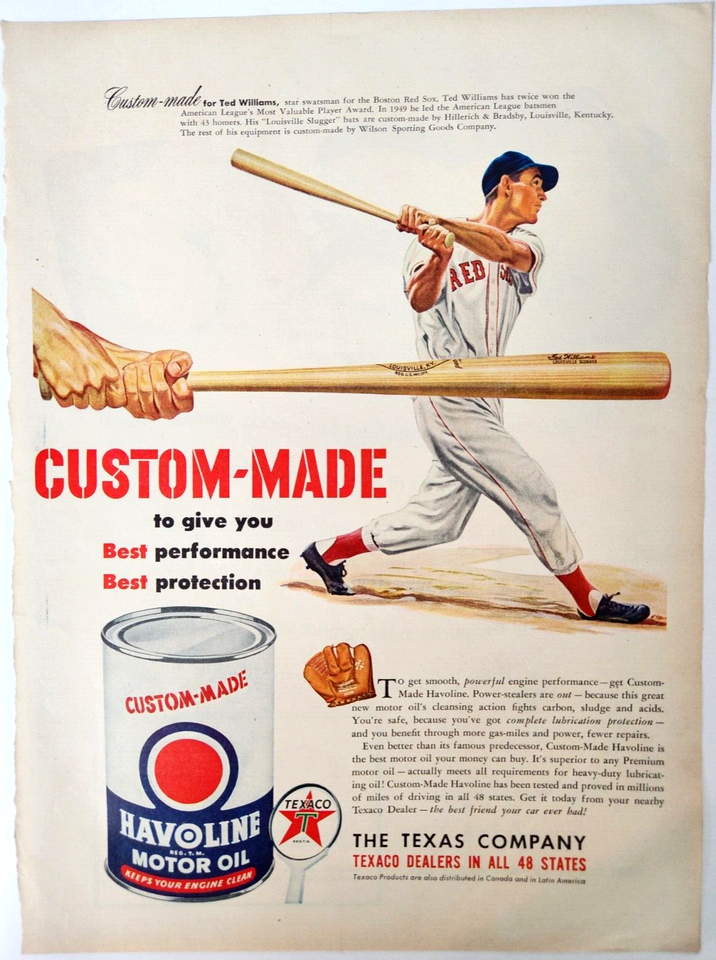 Ted Williams Texaco Havoline Louisville Slugger Bat Ad 1950 Magazine ...