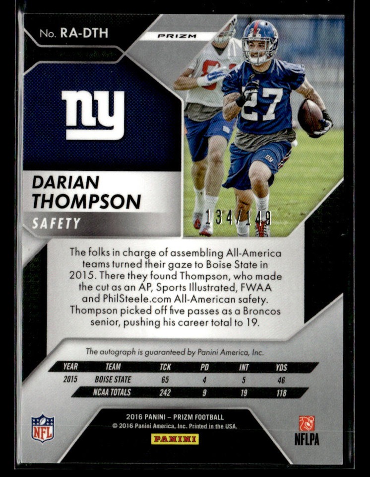 2016 Panini Prizm #RA-DTH Darian Thompson Rookie Autographs Blue Wave ...