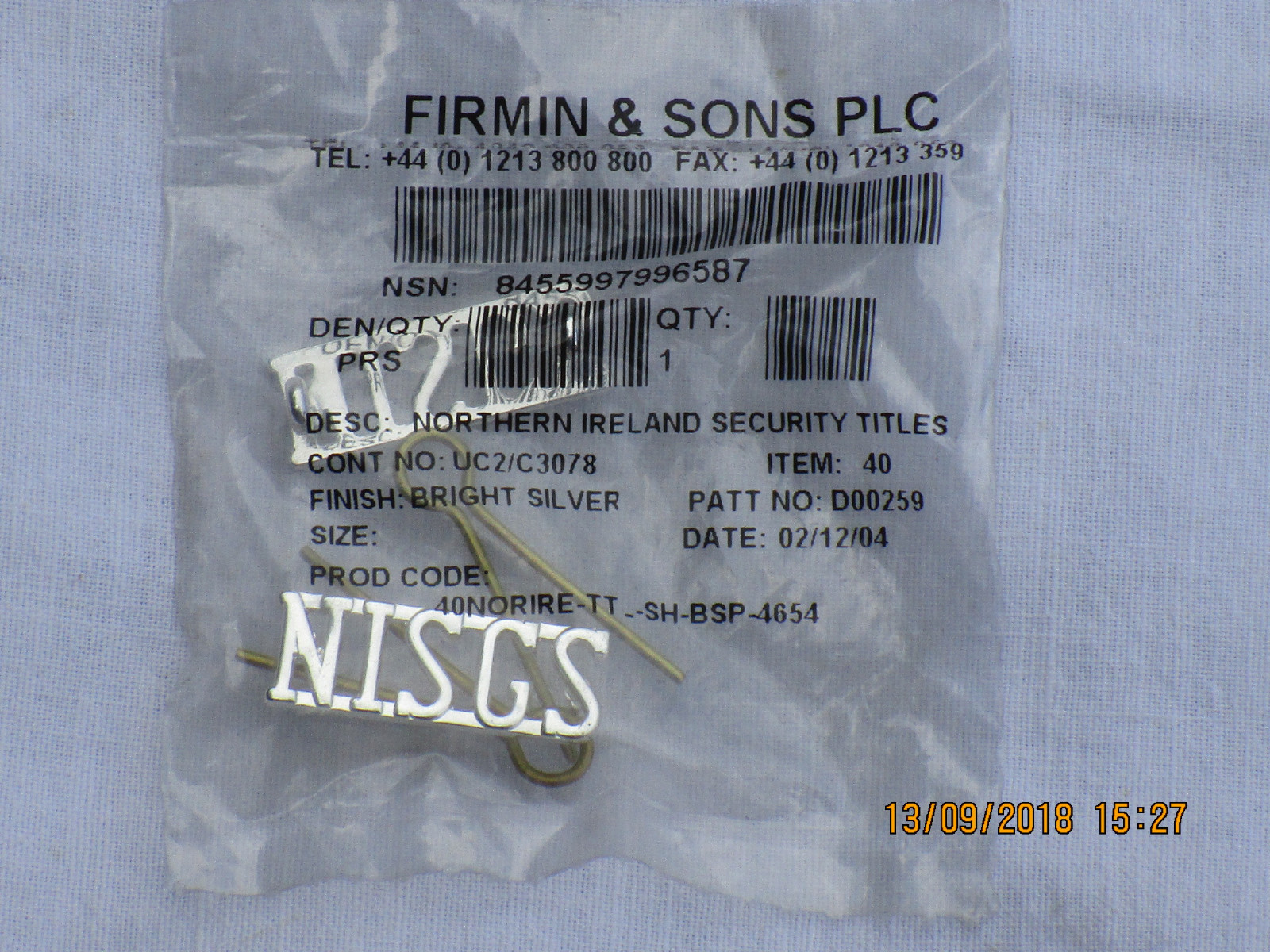 Northern Ireland Security Guard Service, Nisgs , Shoulder Title, Firmin ...