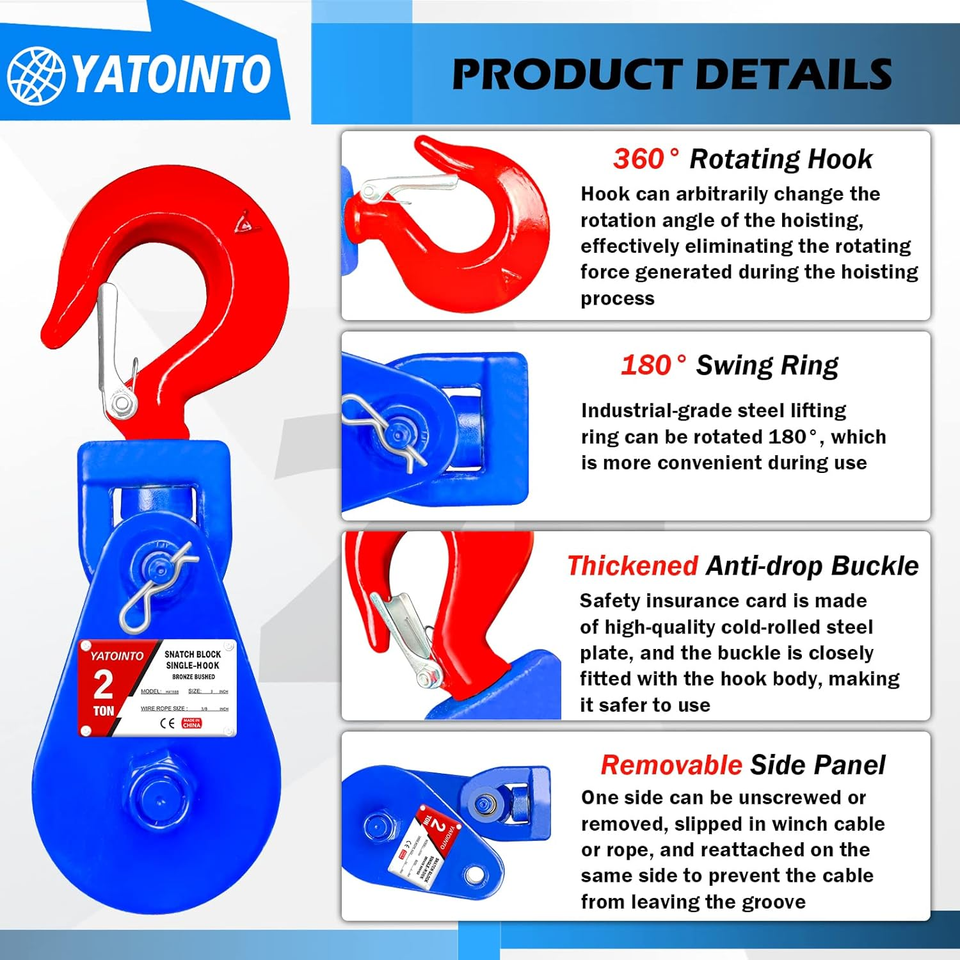 2 Ton Snatch Block with Hook, 3" Sheave 3/8" Inch Wire Rope Snatch ...