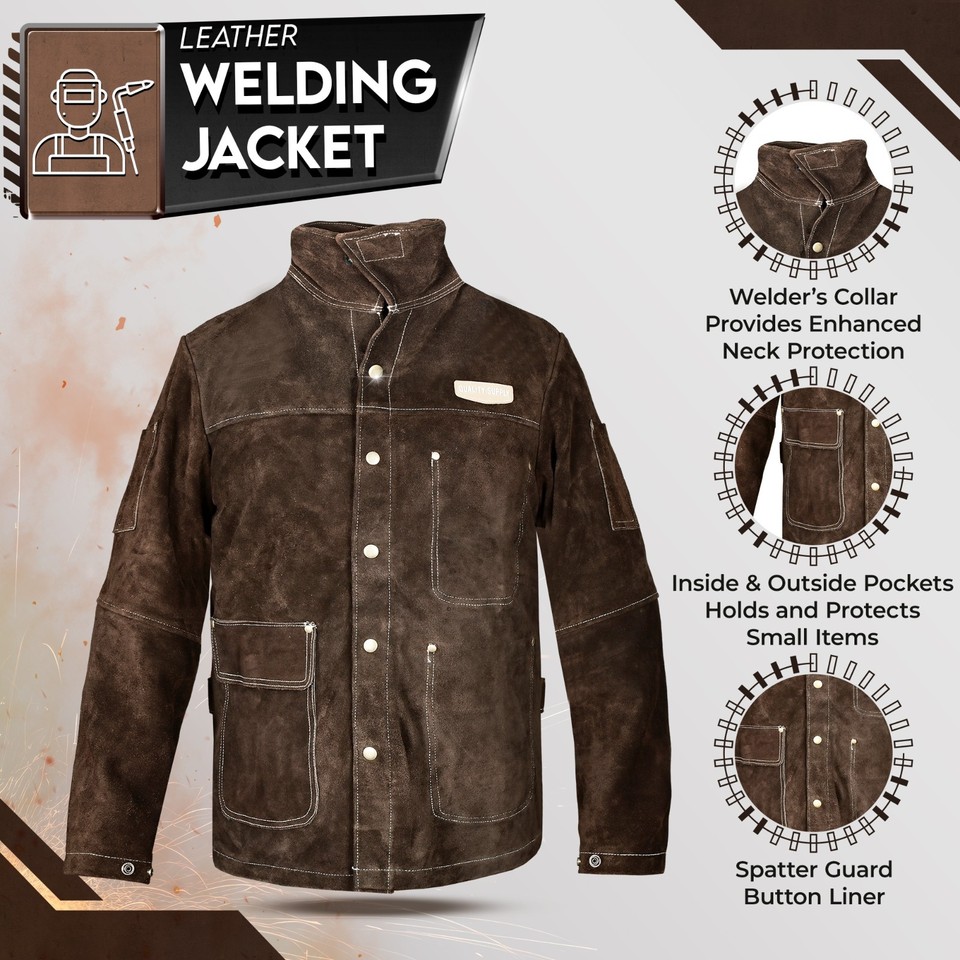 Leather Welding Jacket Flame Resistant Heavy Duty TIG MIG Welders Work ...