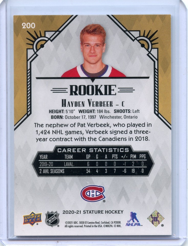 2020-21 Upper Deck Stature #200 Hayden Verbeek RC 11/399 | eBay