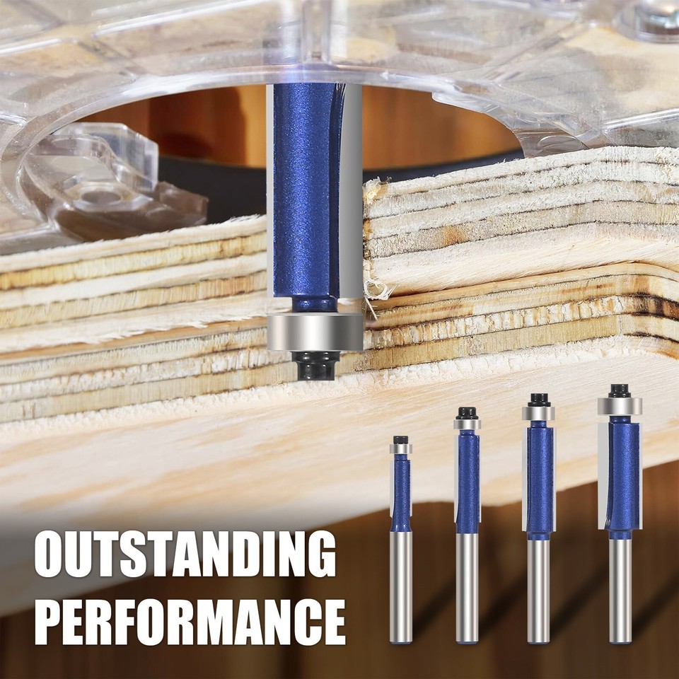 4PC 1/4" Shank Straight Flush Trim Router Bit Set Top Bearing ...