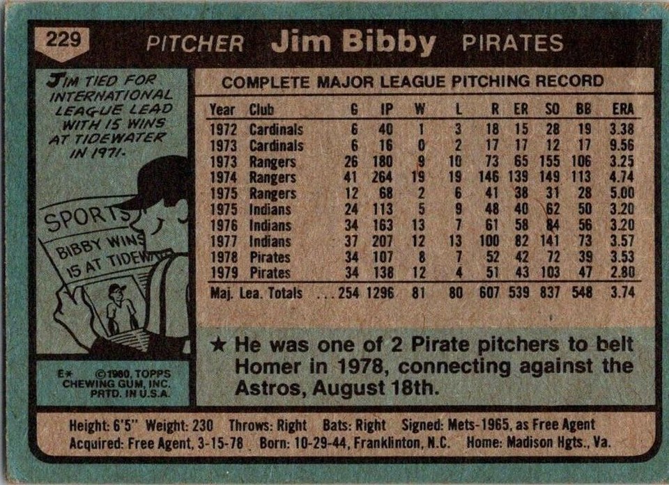 Jim Bibby 1980 Topps #229 Pittsburgh Pirates | eBay