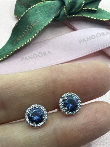 PANDORA Blue Round Sparkle CZ Stud Halo Silver Earrings 296272C01 ...