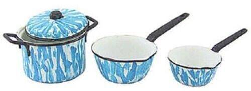 Dollhouse miniature pot with lid, 2 saucepans, flow blue | eBay