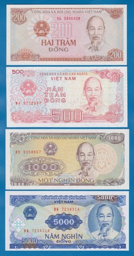 4 Notes! Vietnam 200, 500, 1000, 5000 Dong 1987, 1988, 1991 All UNC, Ho ...