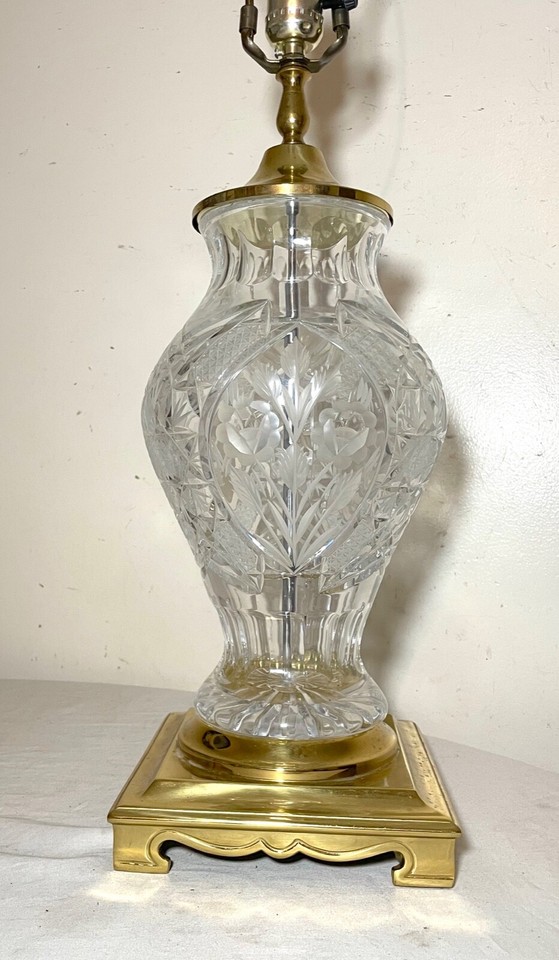 high quality vintage brass clear cut glass etched crystal electric ...