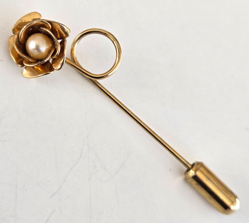 Vintage Faux Pearl Flower Loop Gold Tone Stick Pin 2-1/8" Thick Card ...