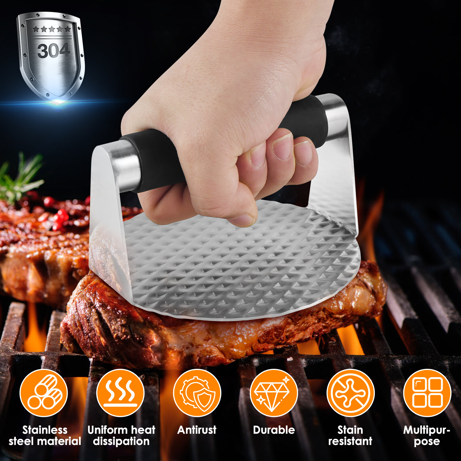 Burger Press Stainless Steel Smasher 5.5 Inch Round Bacon Non-Stick ...