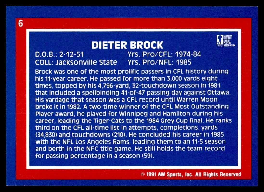 1991 All World CFL Dieter Brock Winnipeg Blue Bombers/Hamilton Tiger ...