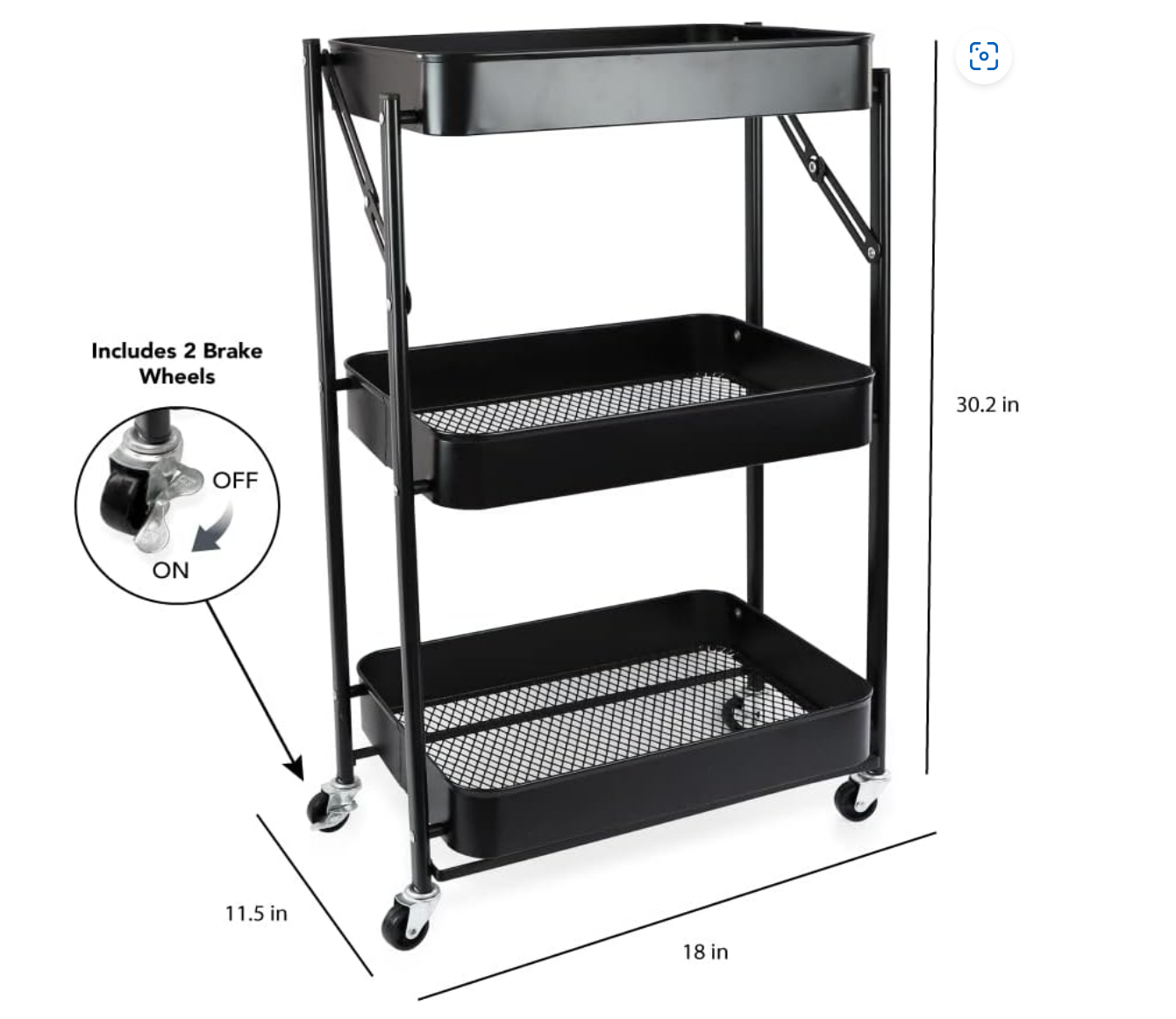 Simpli Furnished- 3 Tier Rolling Cart Foldable Storage Cart with Wheels ...