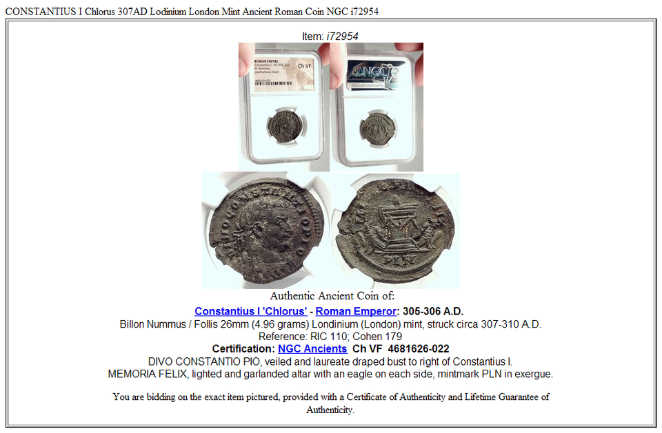 CONSTANTIUS I Chlorus 307AD Lodinium London Mint Ancient Roman Coin NGC ...