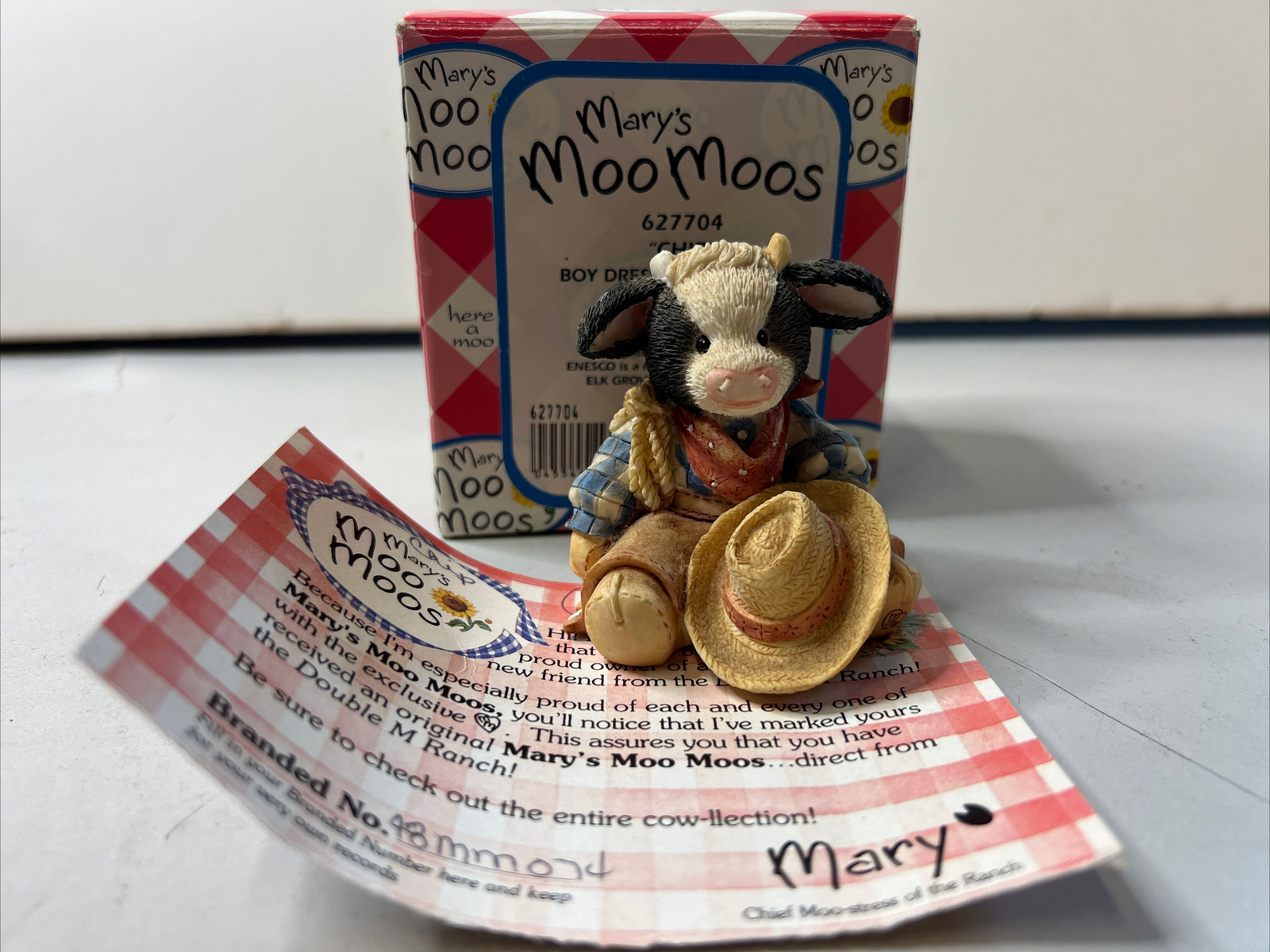 Cow Figurine Marys Moo Moos Chip Collectible Retired Enesco Cowboy w ...