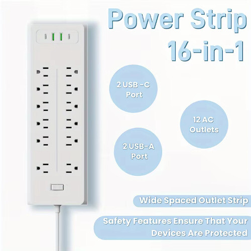 16 Ports Power Strip US Plug AC Outlets Socket Cord USB Type C Charger ...