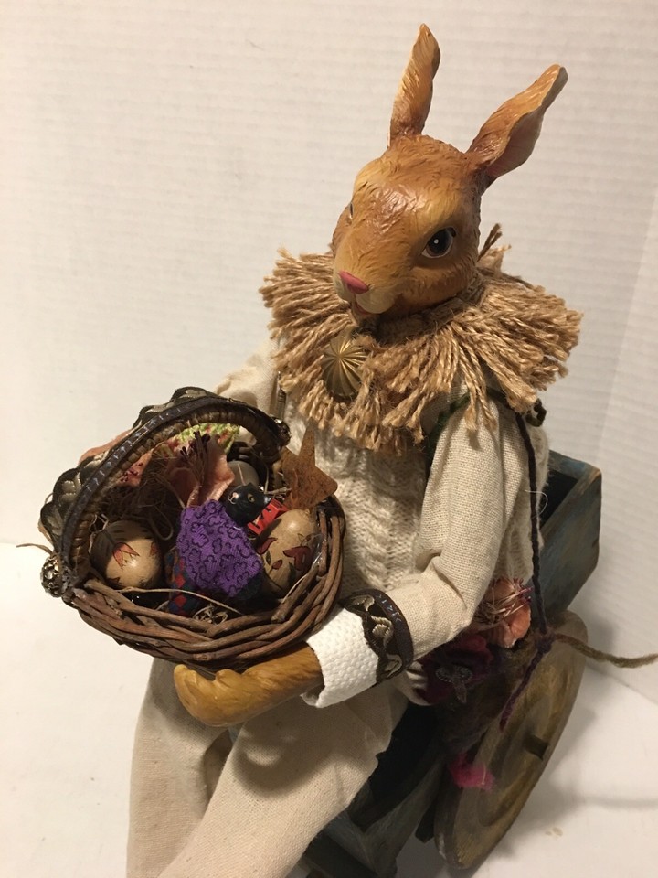 OOAK Primitive Easter Folk Art Rabbit Doll in Wooden Cart | eBay