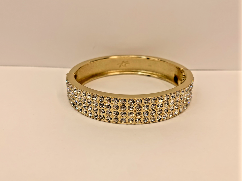 Vintage Signed Kc Gold Tone Hinged Bangle Bracelet with Clear Stones | eBay