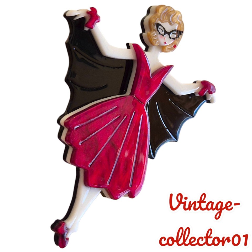 Modern Arcrylic Handmade BROOCH 3D Vampire Bat Lady Halloween Red Black ...
