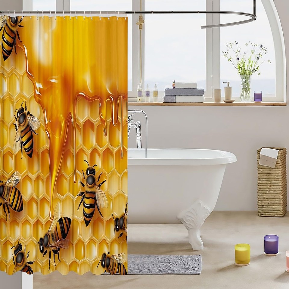 Honeycomb Bathroom Shower Curtain Set Cute Bees Hexagon 72x72 Inch ...