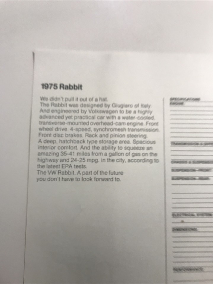 1975 Volkswagen Rabbit Car Sales Sheet Print NM Leaflet U.S.A. 33-17 ...