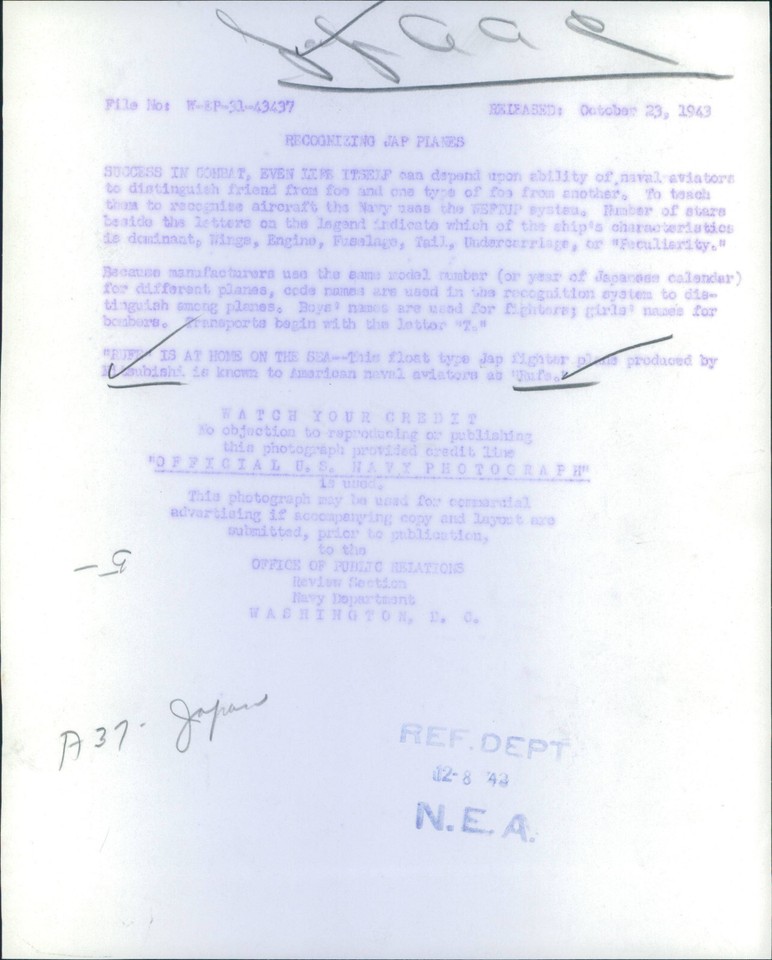 1943 Press Photo WW2 Japanese Seaplane Codename"Rufe" Made by ...