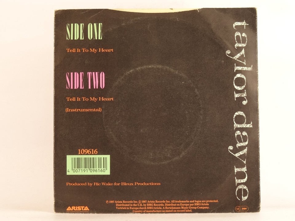 TAYLOR DAYNE TELL IT TO MY HEART (108) 2 Track 7" Single along with ...
