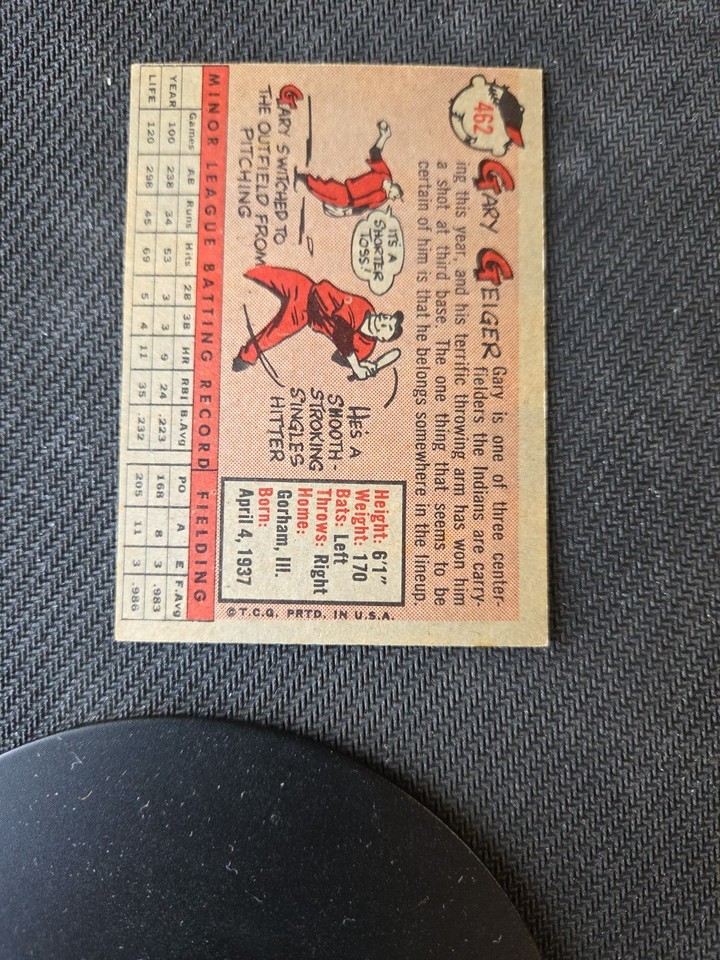 1958 Topps Baseball Card #462 Gary Geiger - Vintage Baseball Card VG+ ...
