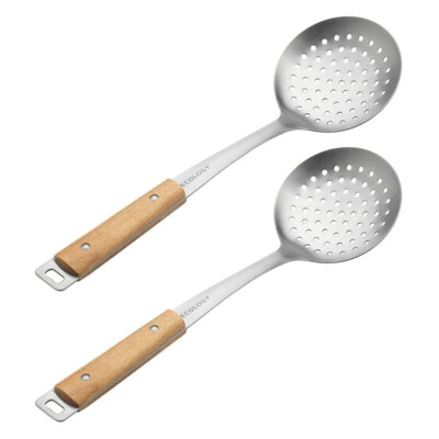 2x Ecology Acacia 37cm Wood Stainless Steel Skimmer Kitchen Cooking ...