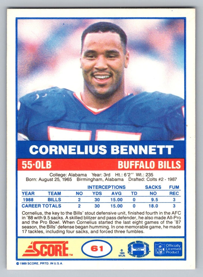 1989 Score #61 Cornelius Bennett NEAR MINT | eBay