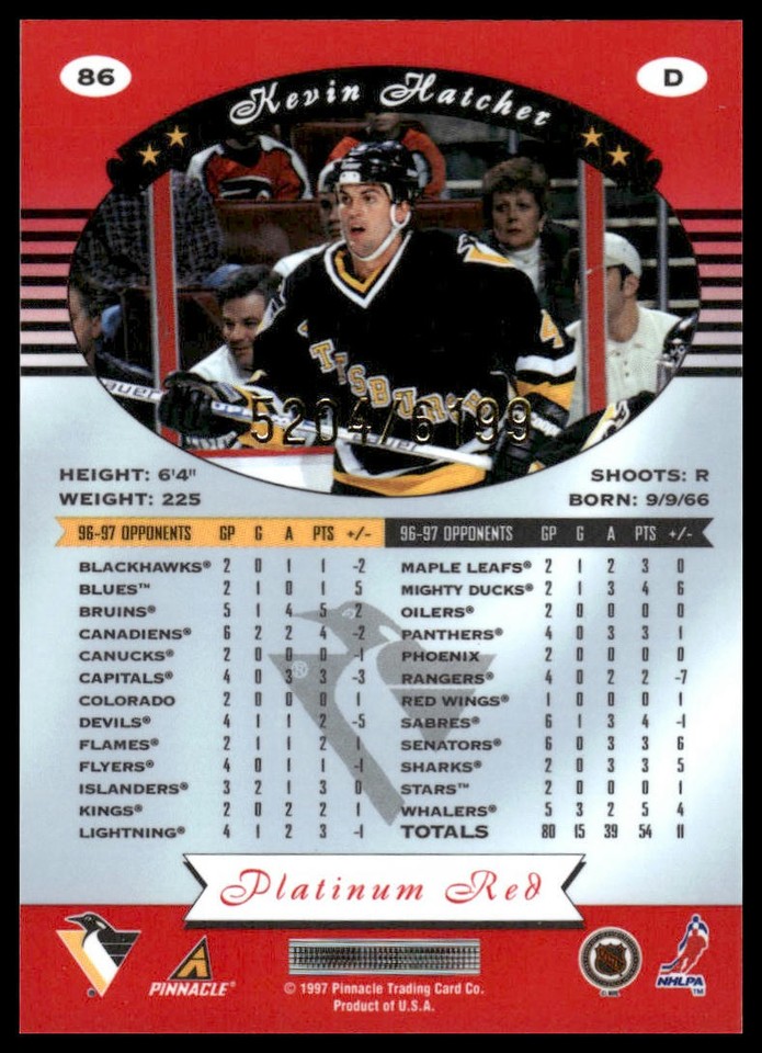 1997-98 Pinnacle Totally Certified #86 Kevin Hatcher SN #/6199 Penguins ...