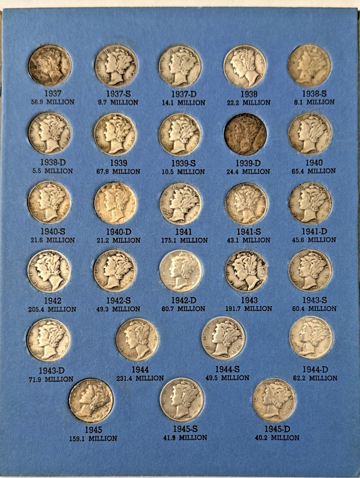 Mercury Dime Collection 1916-1945. Nearly Complete 70-77 Including Key ...