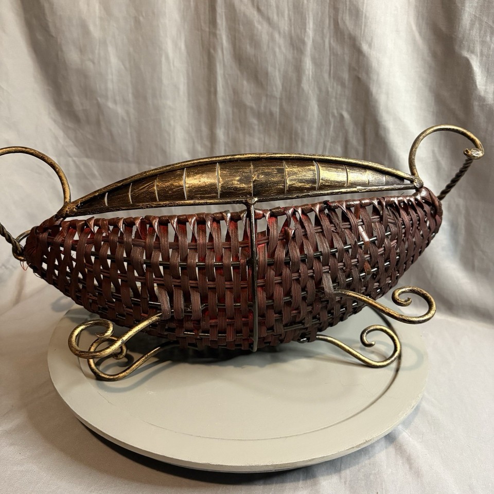 Wicker Basket Metal Curled Feet and Handles Oval MC Design Large BOHO ...