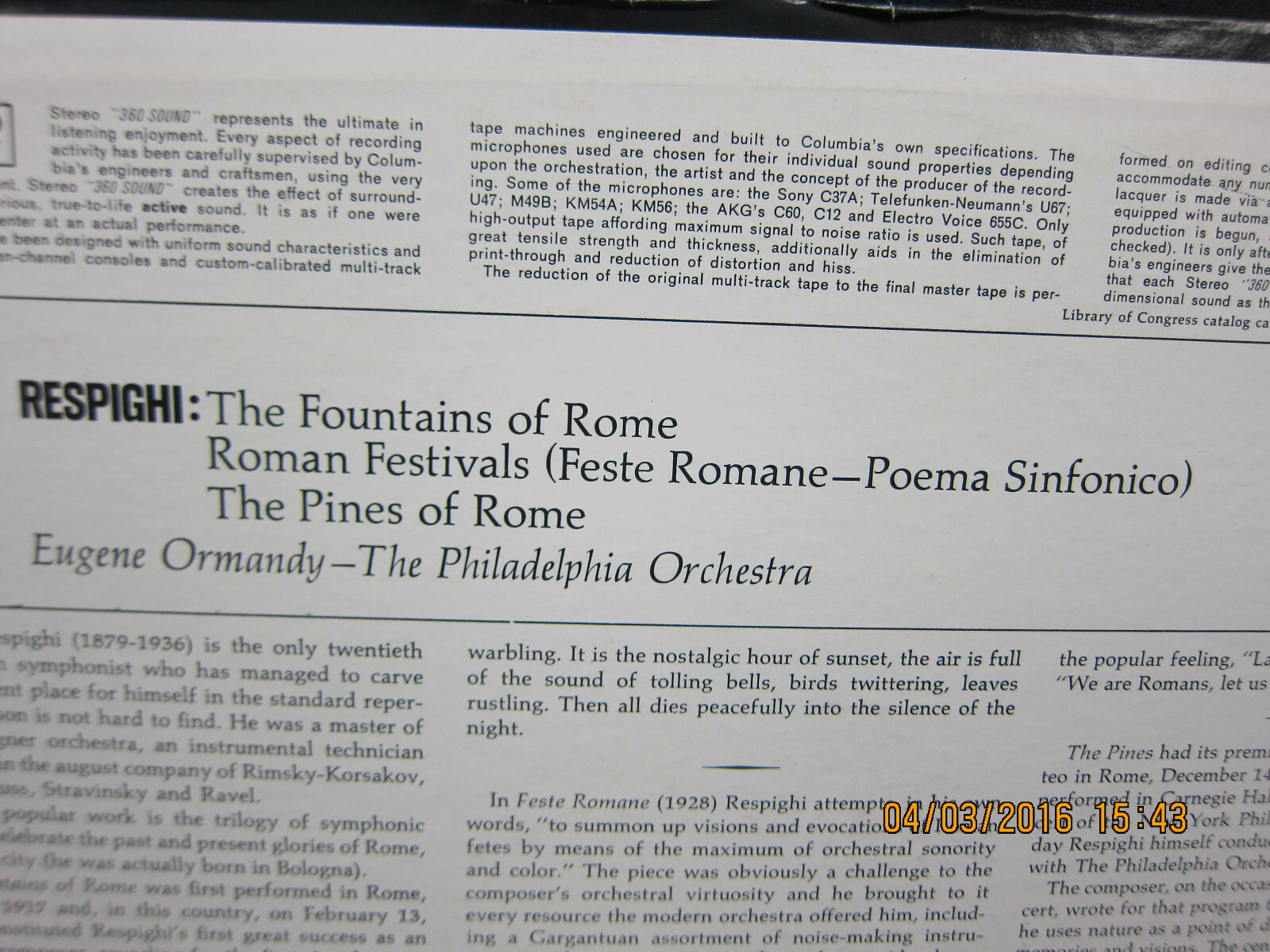 Ormandy Philadelphia Orchestra - Respighi's Roman Trilogy - Columbia ...