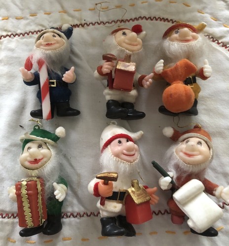 Vtg Flocked Felt Elf Dwarf Christmas Plastic Ornament Hong Kong Set Of ...
