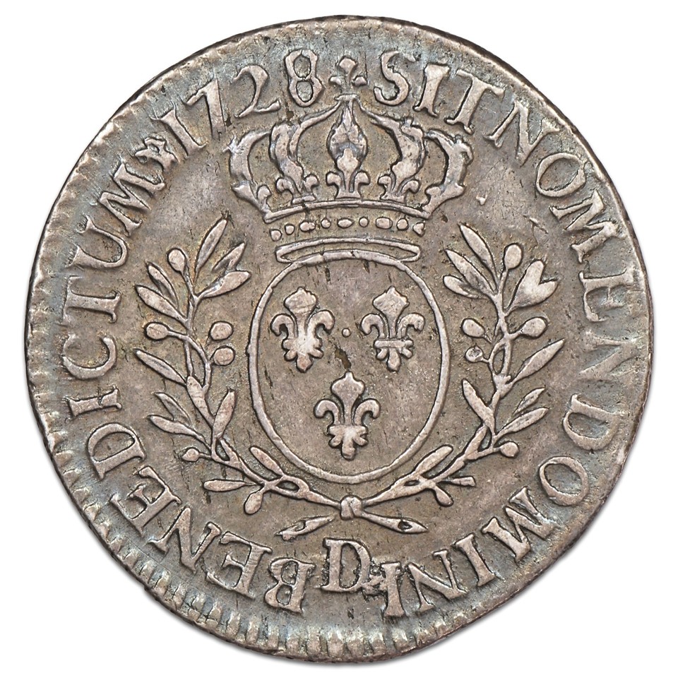 France louis XV 1/5 D' ECU 1728 D Lyon Branches Olive Olivier Silver Dy ...