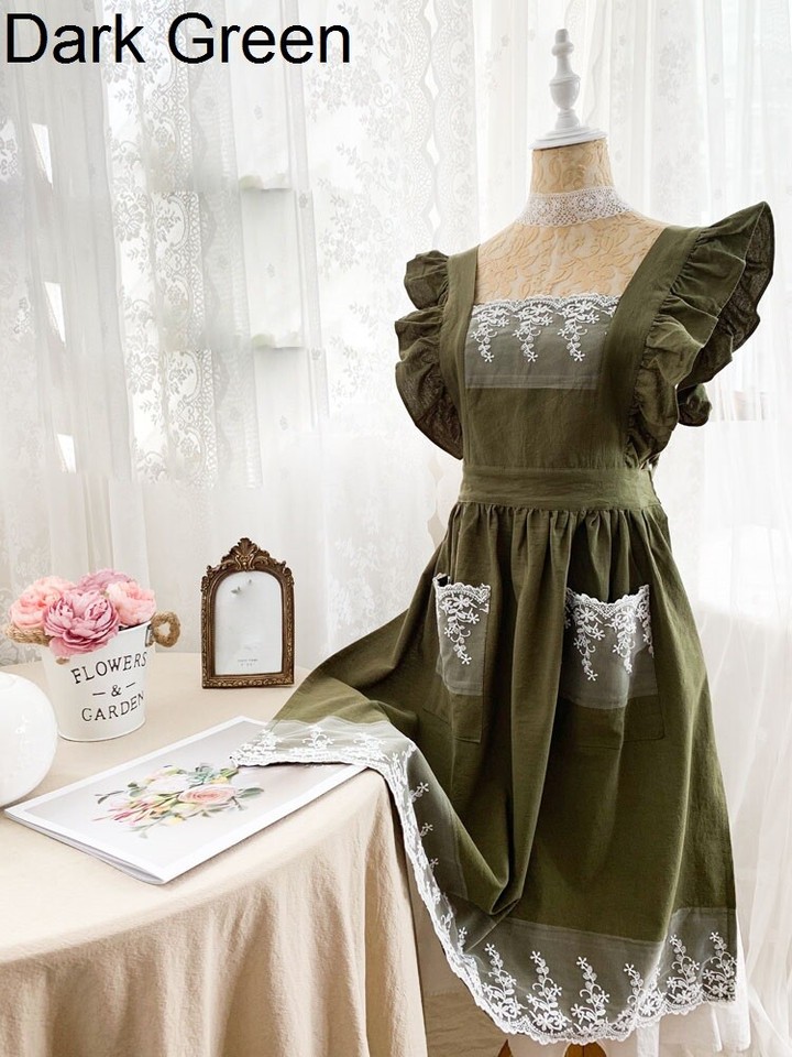 Lace Ruffles Cotton Apron Pockets Florist Cafe Maid Waitress Cooking ...