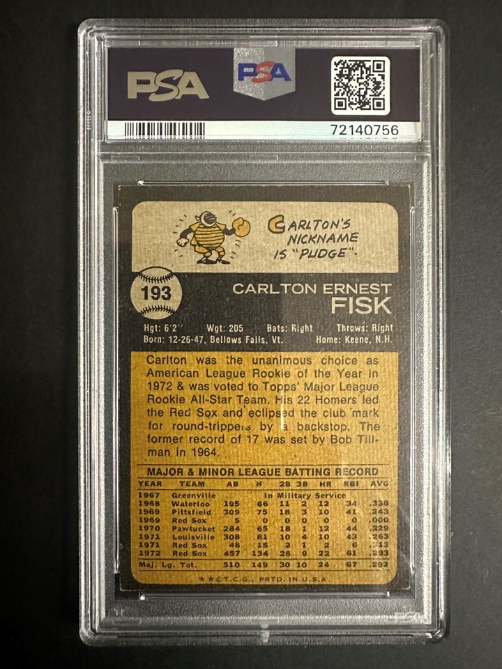 1973 Topps Carlton Fisk All-Star Rookie #193 Near Mint PSA 7 Boston Red ...