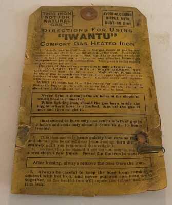 Vintage IWANTU Gas Sad Iron Instructions Tag | eBay