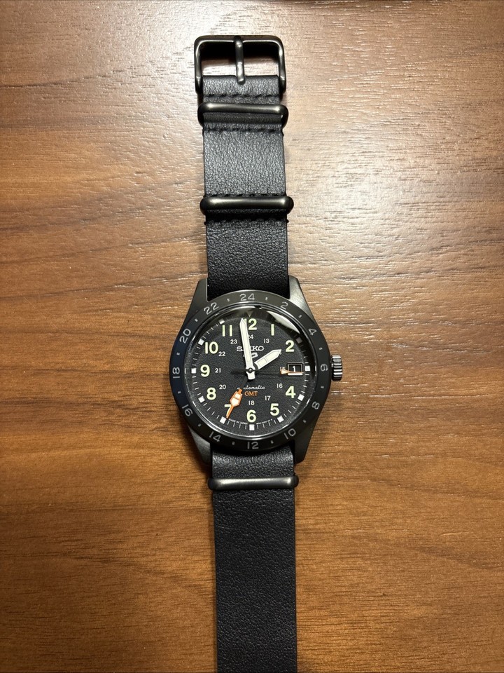 Seiko SSK025 5 Sports Field GMT 39mm Watch Black Dial, Leather Band | eBay