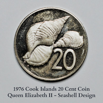 1976 Cook Islands 20 Cent Proof Coin - Queen Elizabeth II - Seashell ...