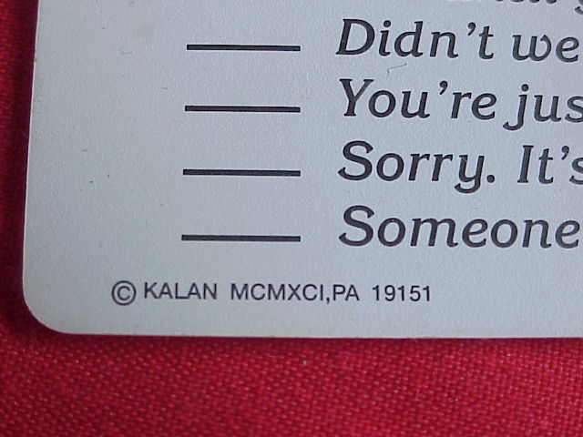 "OFFICIAL SEX EXCUSE CARD" Novelty Joke ID VTG 1991 Made in PA. USA by ...