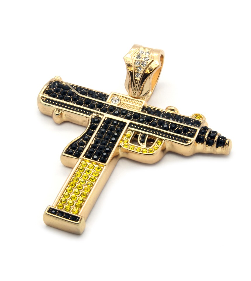 Gold Plated Black/Yellow Gun Uzi Pendant Cubic Zirconia Hip-Hop 36 ...