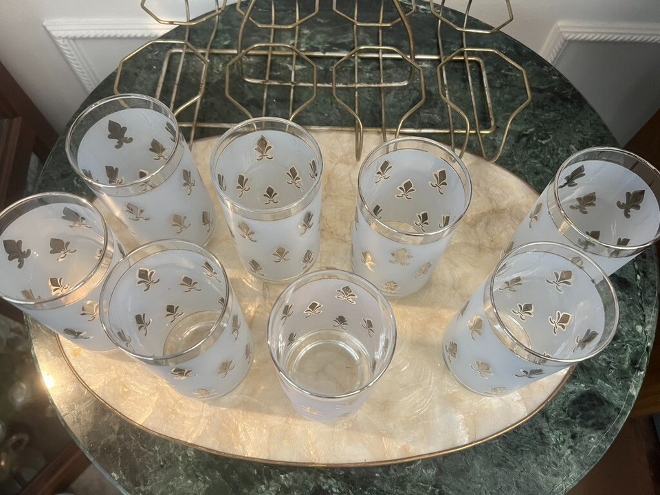 Mid Century Libbey Barware Set 8 Frosted Gold Leaf Fleur De Las ...