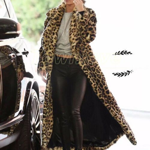 Winter Women Warm Faux Fur Leopard Coat Furry Long Jacket Outwear Lapel ...