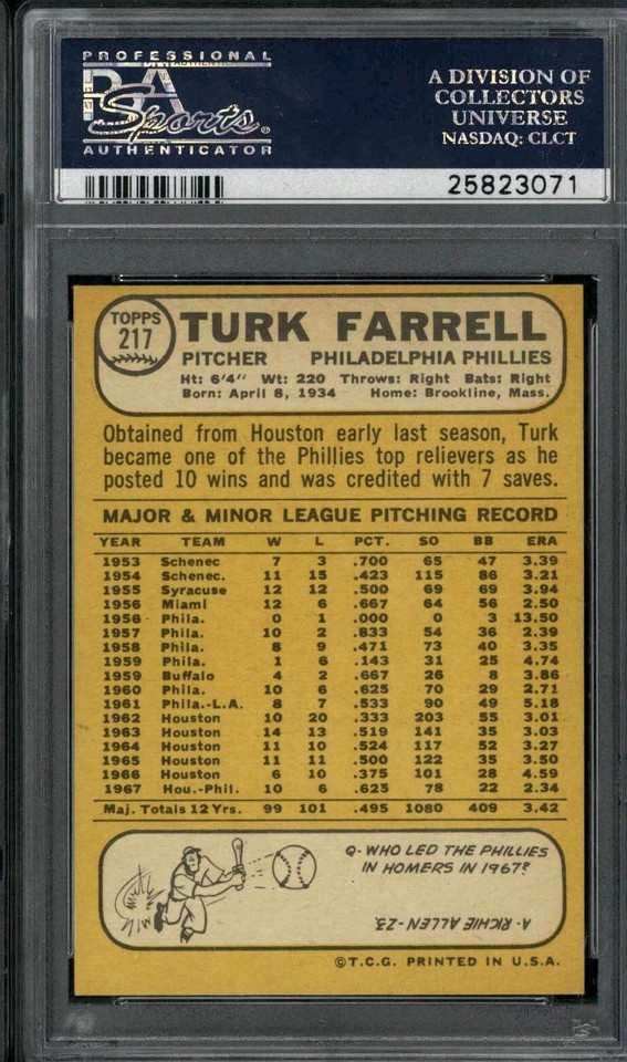 1968 Topps #217 Turk Farrell - PSA 8 | eBay